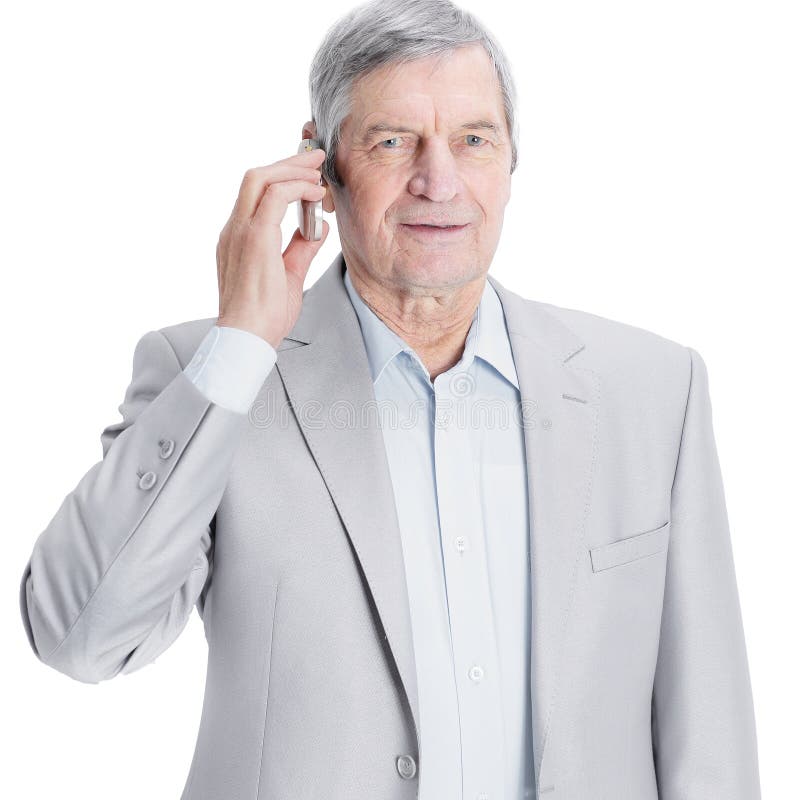 Confident Senior Businessman with Mobile Phone. Isolated on a White ...