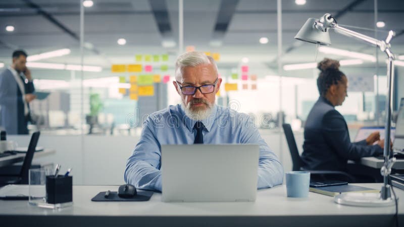 Confident Senior Businessman Using Laptop Computer in Modern Office ...
