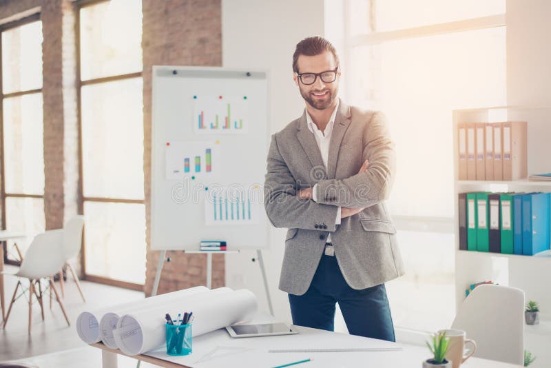 Confident Smiling Architect in Formal Wear and Glasses Standing Stock ... Confident Smiling Architect in Formal Wear and Glasses Standing Stock ...