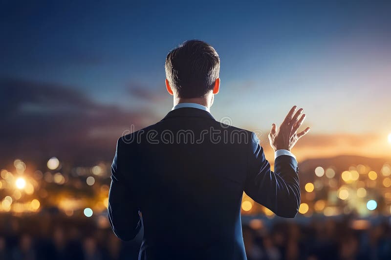 A Confident Speaker Stands on a Brightly Lit Stage, Delivering a ...
