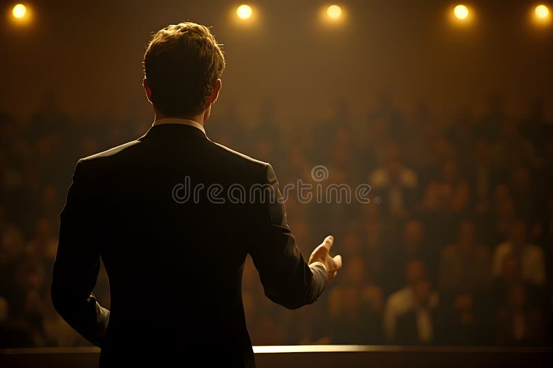 A Confident Speaker Stands on a Brightly Lit Stage, Delivering a ...