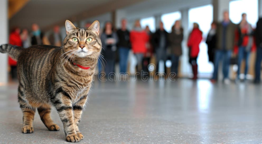 Confident Tabby Cat with Red Collar in Public Setting Surrounded by ...