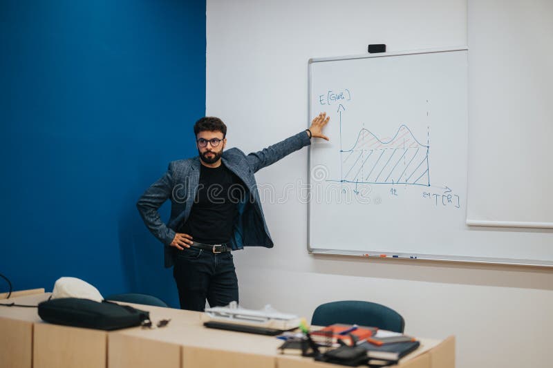 Confident Teacher Explaining Graph on Whiteboard in Classroom Stock ...