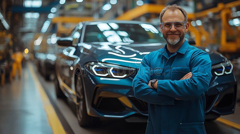 Confident Technician in Blue Work Uniform Stands Proudly in Auto ...