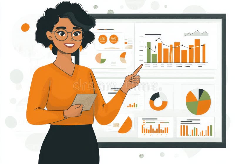 Confident Woman Presenting Data Analysis on a Modern Whiteboard Stock ...