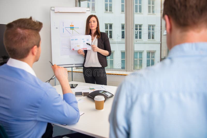 Businesswoman Explaining Chart To Colleagues in Office Stock Image ...