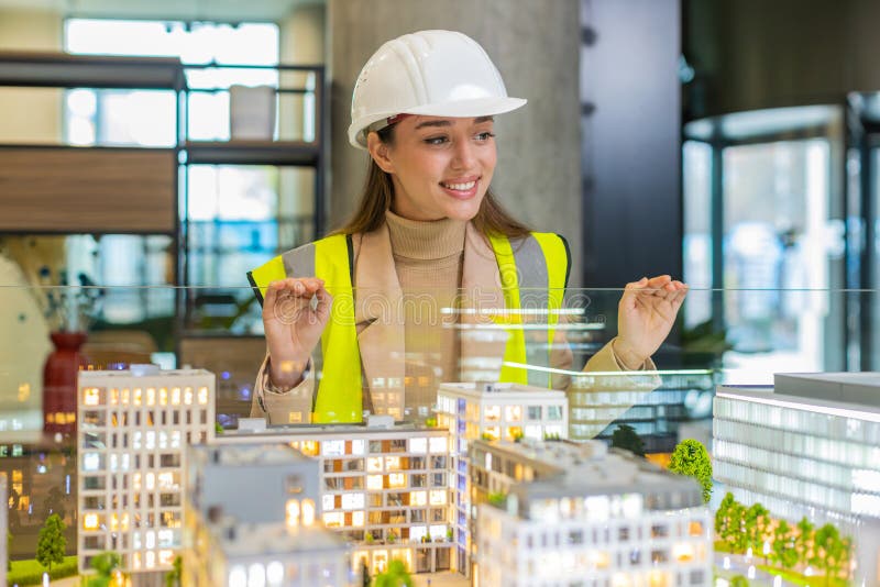 Confident Young Female Architect in Hardhat Analyzing Office Complex ...