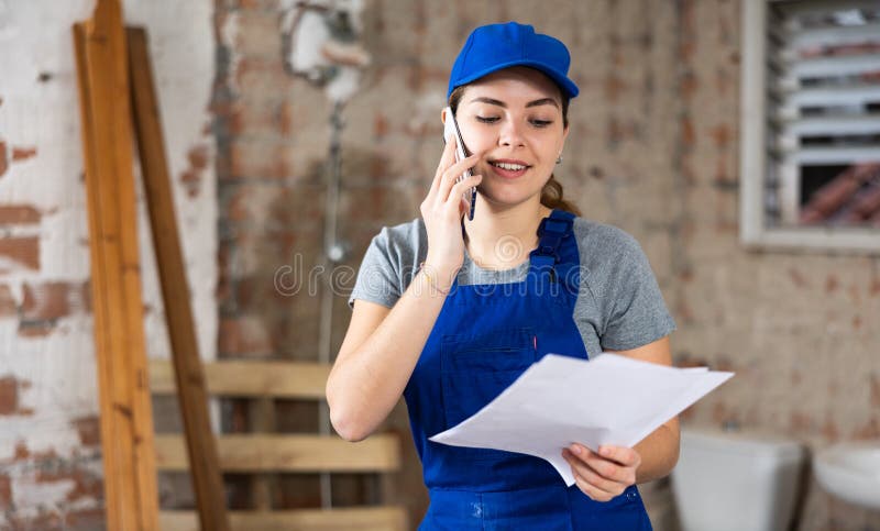 Female Talking on Phone at Building Site Stock Photo - Image of person ...