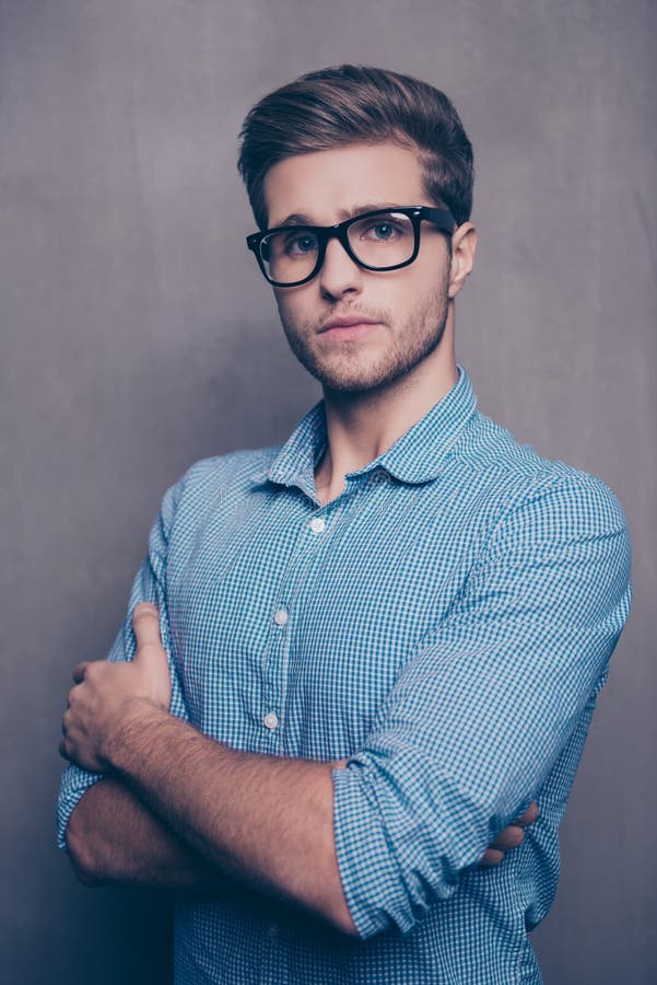Confident Young Smart Man in Glasses with Crossed Hands Stock Image ...