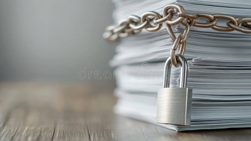 Confidential Files Chained and Locked on Wooden Surface, Representing ...