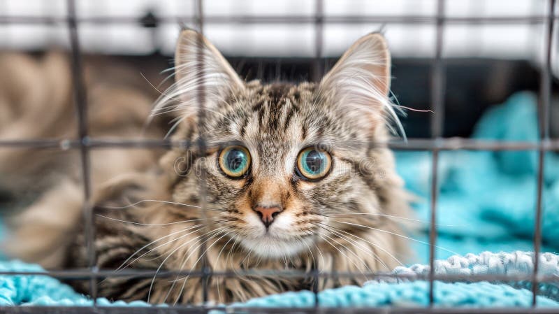 Confined Cat in a Carrier Cage with Blurred Background, Creating a ...