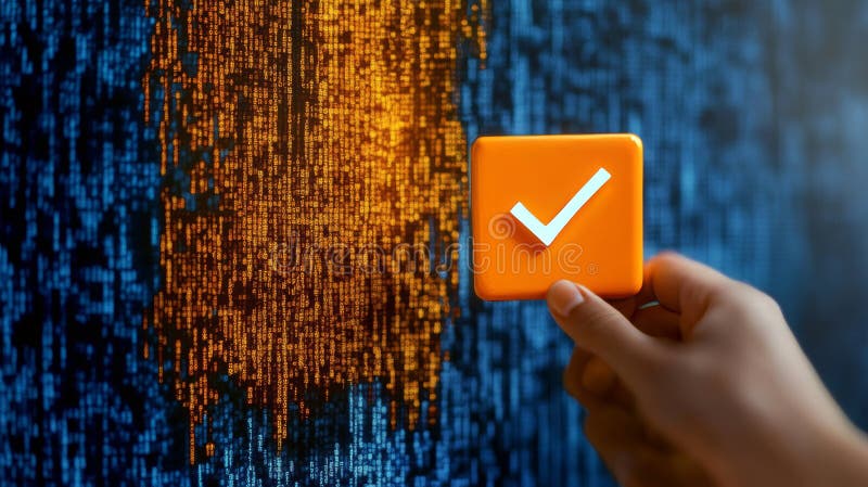 Confirmation Hand Presses Orange Correct Symbol on Binary Code Backdrop ...
