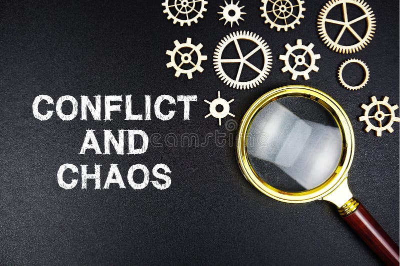 Conflict and Chaos Text Message with Magnifying Glass on Black ...