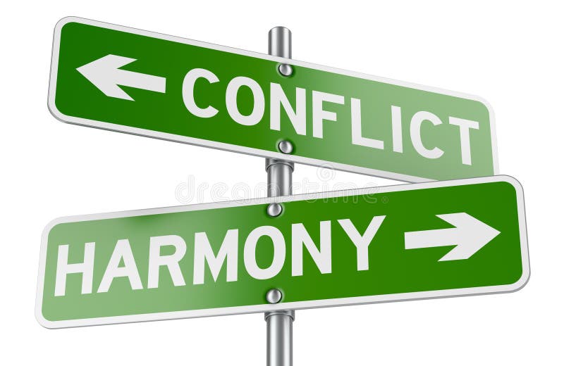 Conflict or Harmony, Road Signs Opposite Direction. 3D Rendering Stock ...