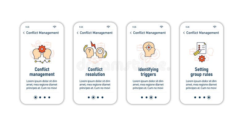 Conflict Management Onboarding Mobile App Screens Stock Vector ...