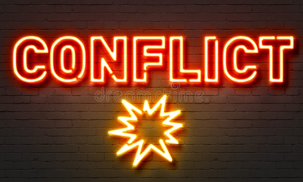 Conflict Neon Sign on Brick Wall Background. Stock Illustration ...