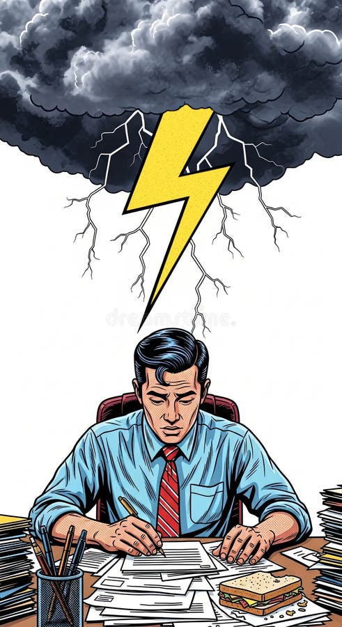 Conflicts at Work. a Tired Employee at a Desk Under a Storm Cloud with ...