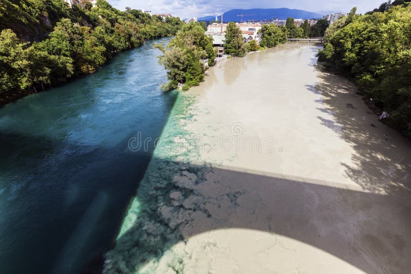 Confluence of the Rhone and Arve Rivers in Geneva Stock Image - Image ...