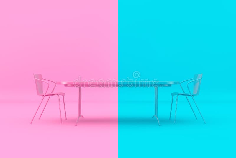Confrontation Concept. Pink and Blue Chairs and Desk As Duotone Style ...