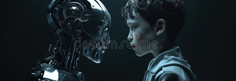 Confrontation between a Cyber Robot Boy and a Regular Boy in a Dark ...