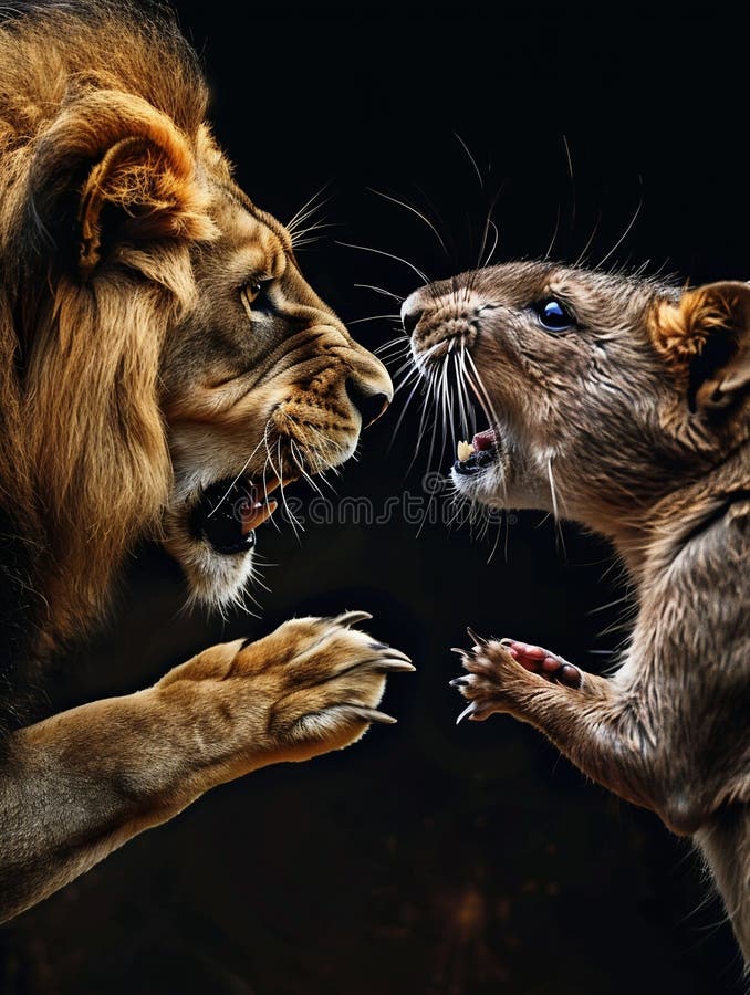 Confrontation of Lion and Rat on Black Background. Generative Ai Stock ...