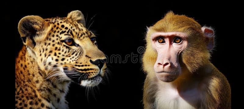 Confrontational Glance Spotted Leopard and a Baboon Make Intense Eye ...