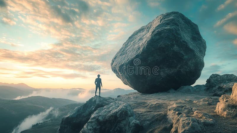 Confronting Challenge, Man on a Rock Facing Huge Boulder. Overcoming ...