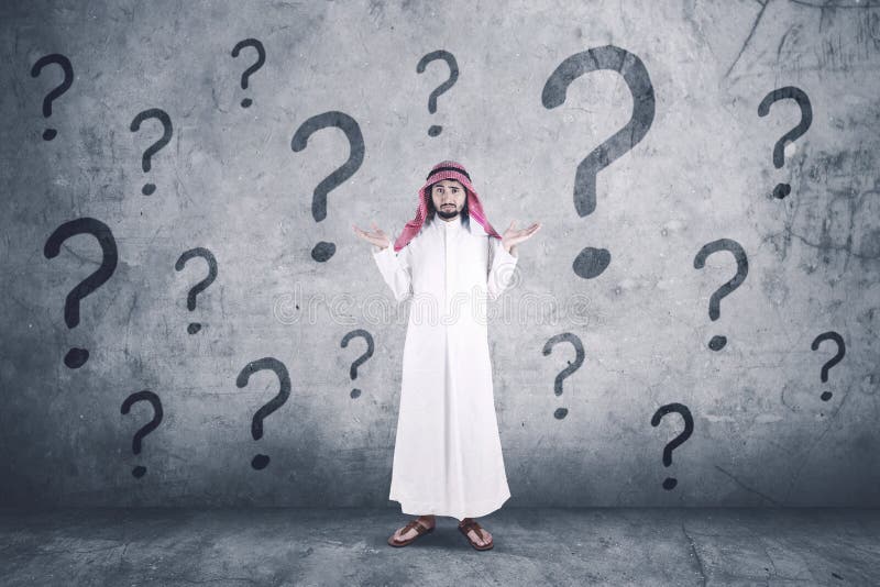 Confused Arabian Man with Question Marks Stock Image - Image of ...