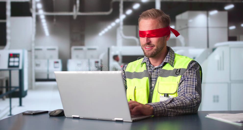 Confused Blindfolded Factory Worker Concept. Industrial Engineer Stock ...