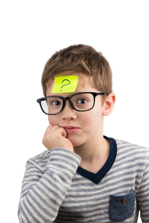 Confused Boy Thinking with Question Mark on Sticky Note on Forehead ...
