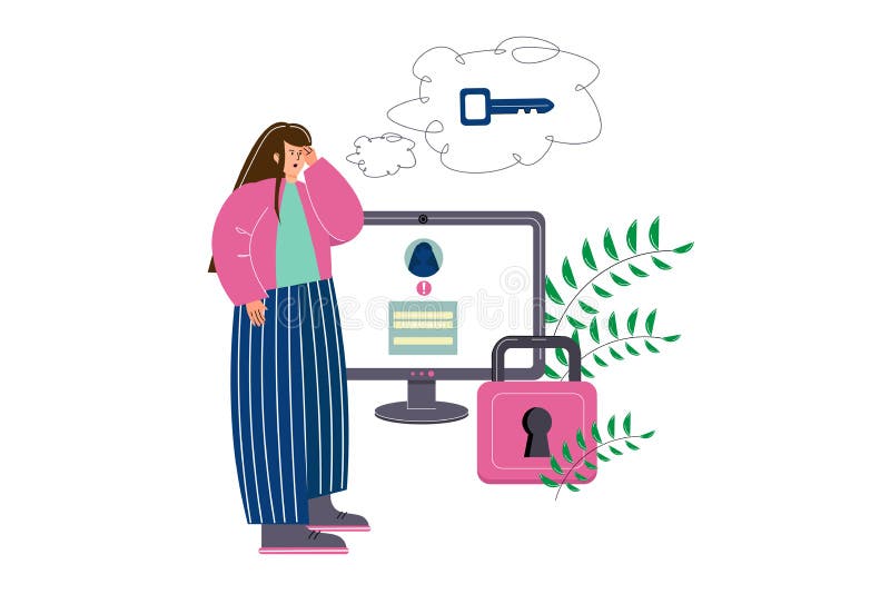 Confused Brown-haired Woman Forgot Password. Desktop Computer Screen ...