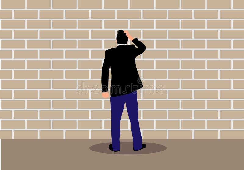 Confused Business Man Looking at a Brick Wall and Thinking Stock ...