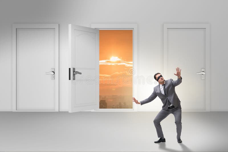 The Confused Businessman in Front of Doors Stock Photo - Image of ...