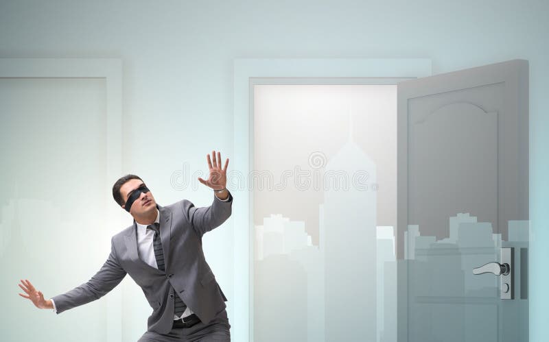 Confused Businessman in Front of Doors Stock Photo - Image of freedom ...
