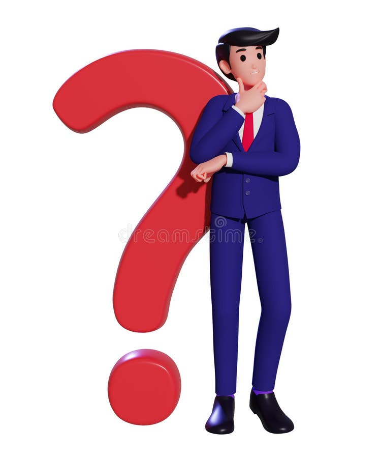 Confused Businessman Standing Near a Big Question Mark and Thinking of ... Confused Businessman Standing Near a Big Question Mark and Thinking of ...