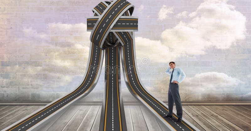 Confused Businessman Standing on Tangled Highway Stock Photo - Image of ...