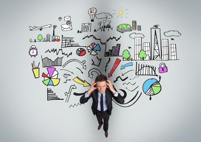 Confused Businessman with Various Graphic Icons in Background Stock ...