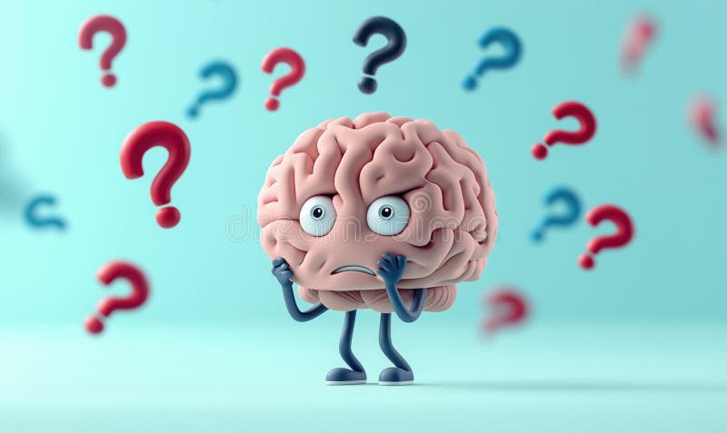 Confused Cartoon Brain Character Surrounded by Question Marks ...