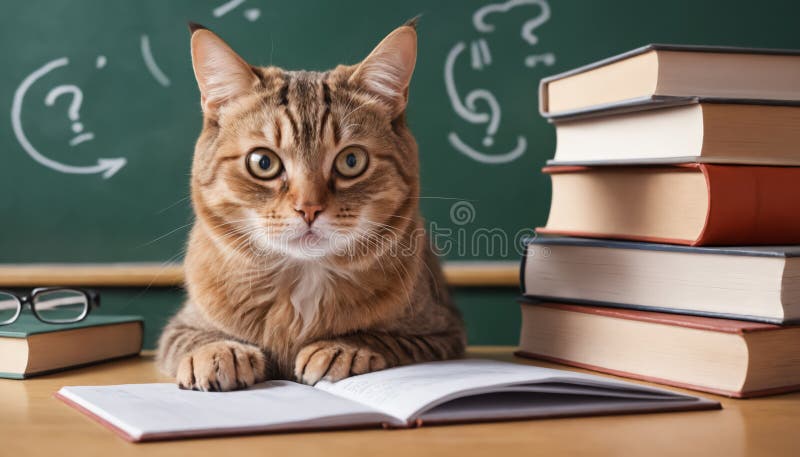 A Confused Cat Student, at the Desk, Surrounded by Books, in Front of a ...