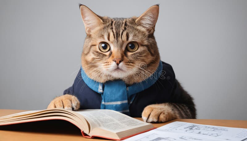 A Confused Cat Student, at the Desk, Surrounded by Books, in Front of a ...