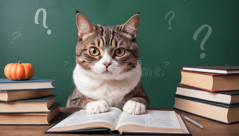 A Confused Cat Student, at the Desk, Surrounded by Books, in Front of a ...