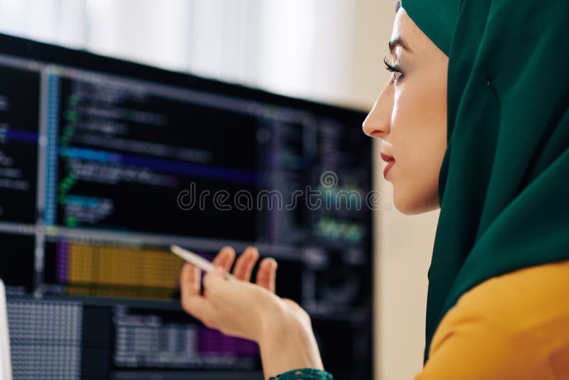 Confused Coder Looking at Screen Stock Photo - Image of headscarf ...