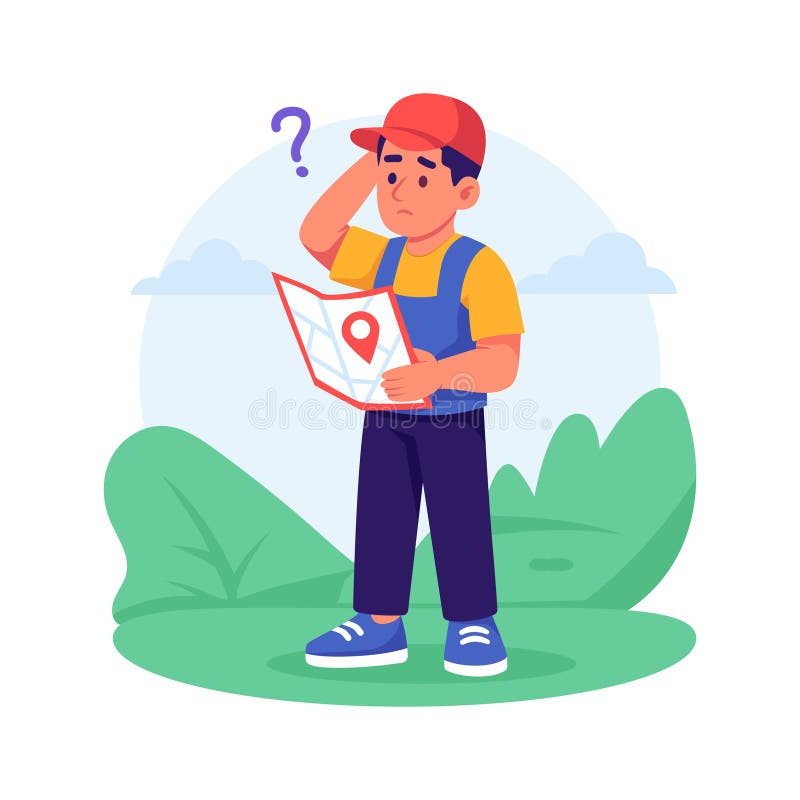 Confused Courier Looks at the Wrong Map Searching for Delivery Location. Stock Illustration ...