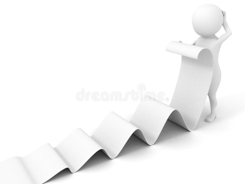 Confused 3d Man Reading a Long Paper Band Scroll Stock Illustration ...