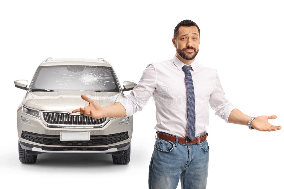 Confused Driver Standing in Front of a SUV with Cracked Windscreen ...