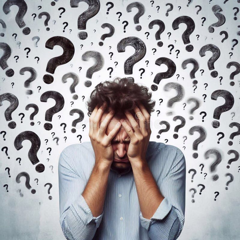 Confused, Embarrassed, Worried and Depressed Man Surrounded by Question ...