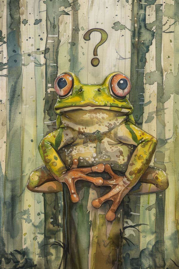 Confused Frog in a Forest, Watercolour Illustration, Question Mark ...