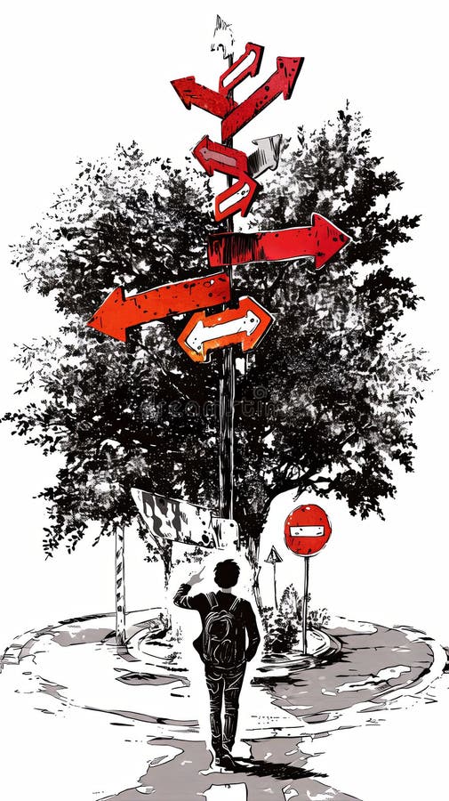 Confused Individual at Crossroads Surrounded by Multiple Direction ...