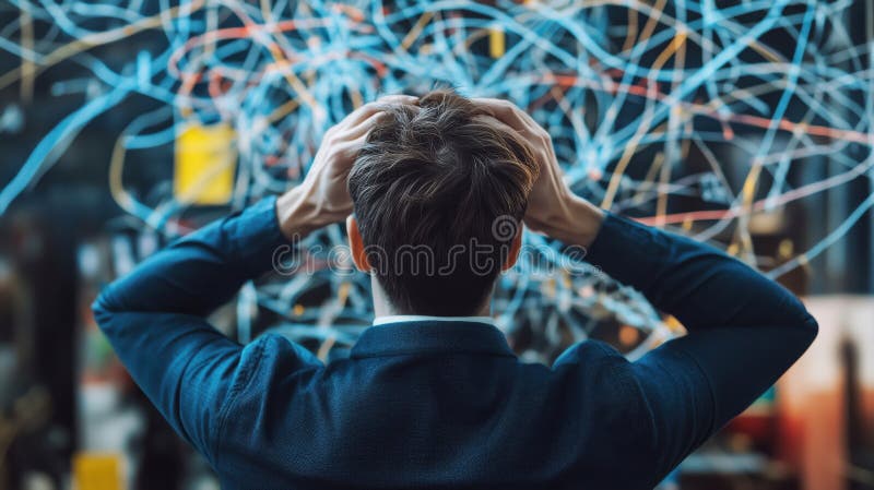 Confused Man Analyzing Chaotic Web of Connections, Business Environment ...