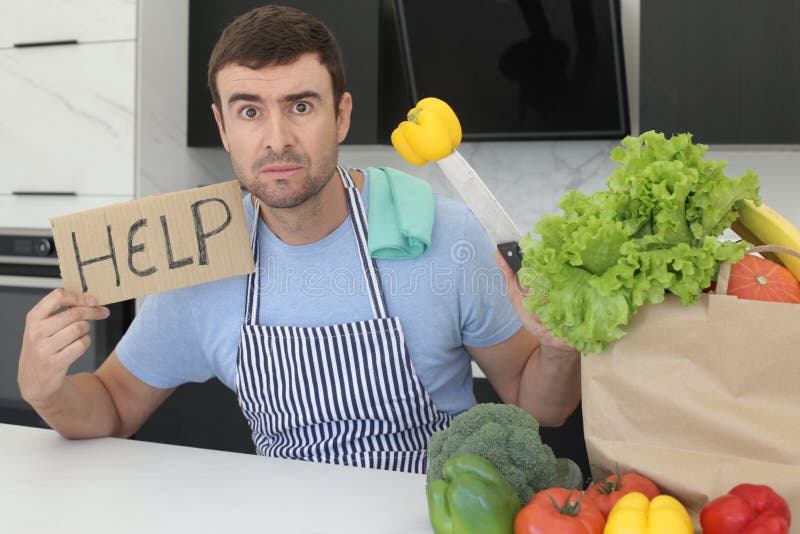 Confused Man Asking for Help in the Kitchen Stock Image - Image of ...